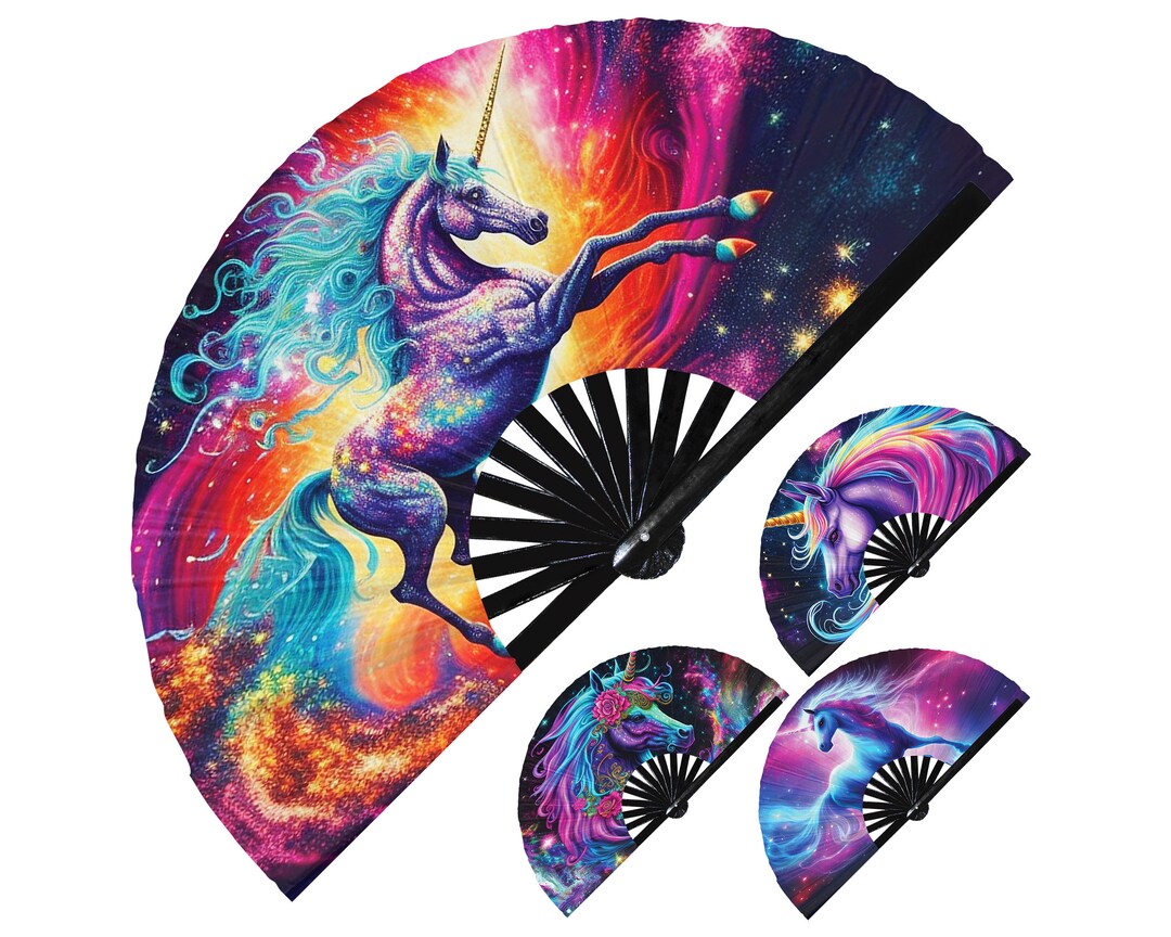 Unicorn Psychedelic Hand Fan Foldable Bamboo Circuit Rave Hand Fans ...