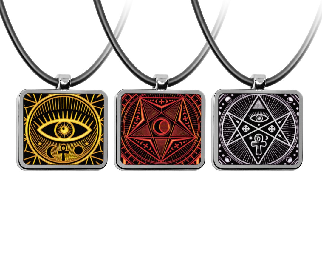 Magic Spell Circle Pendant Necklace Square Charms Golden Mystical ...