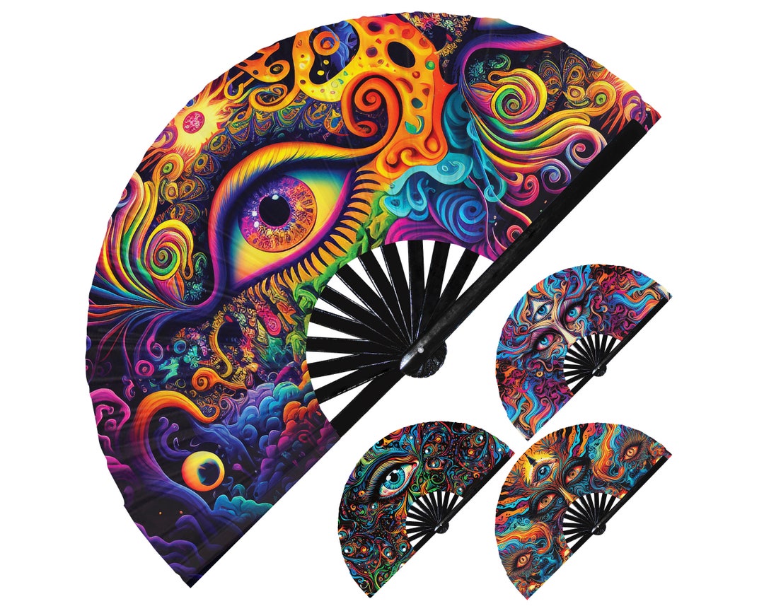 Eye Trippy Psychedelic Hand Fan Foldable Bamboo Circuit Rave Hand Fans ...