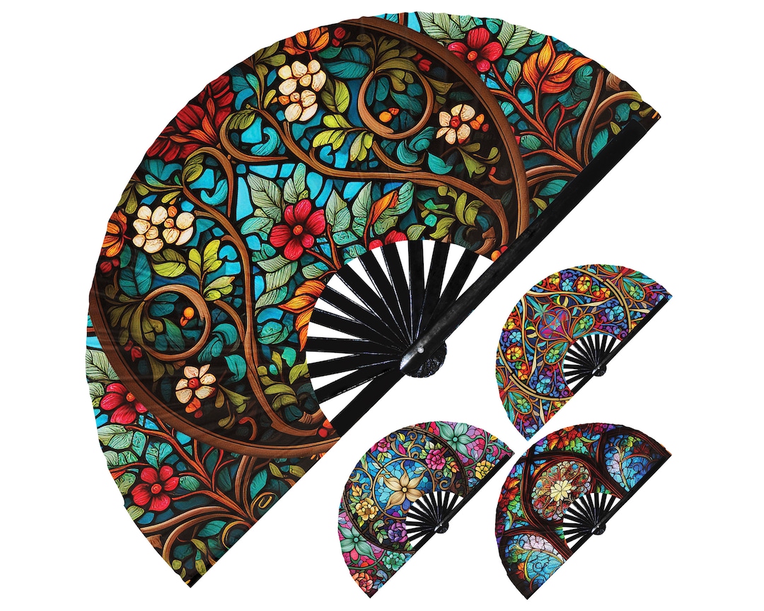 Stained Glass Hand Fan Foldable Bamboo Circuit Rave Hand Fans Flower ...