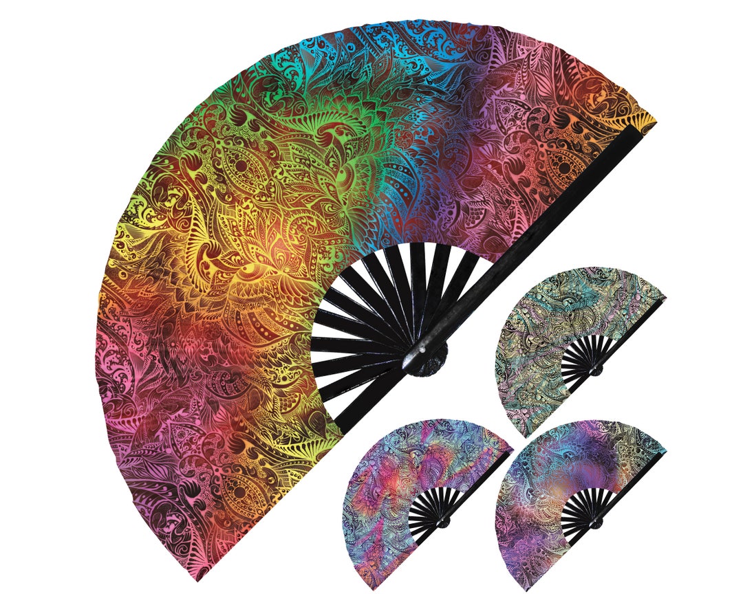 Wolf Hand Fan UV Glow Iridescent Rainbow Snap Fan Tattoo Art Large Hand ...