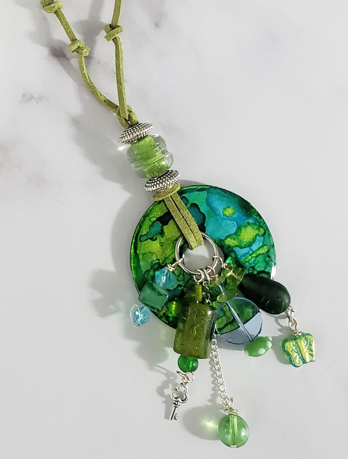 Necklace Pendant Alcohol Ink on Metal Leather/chain and Dangle Beads ...