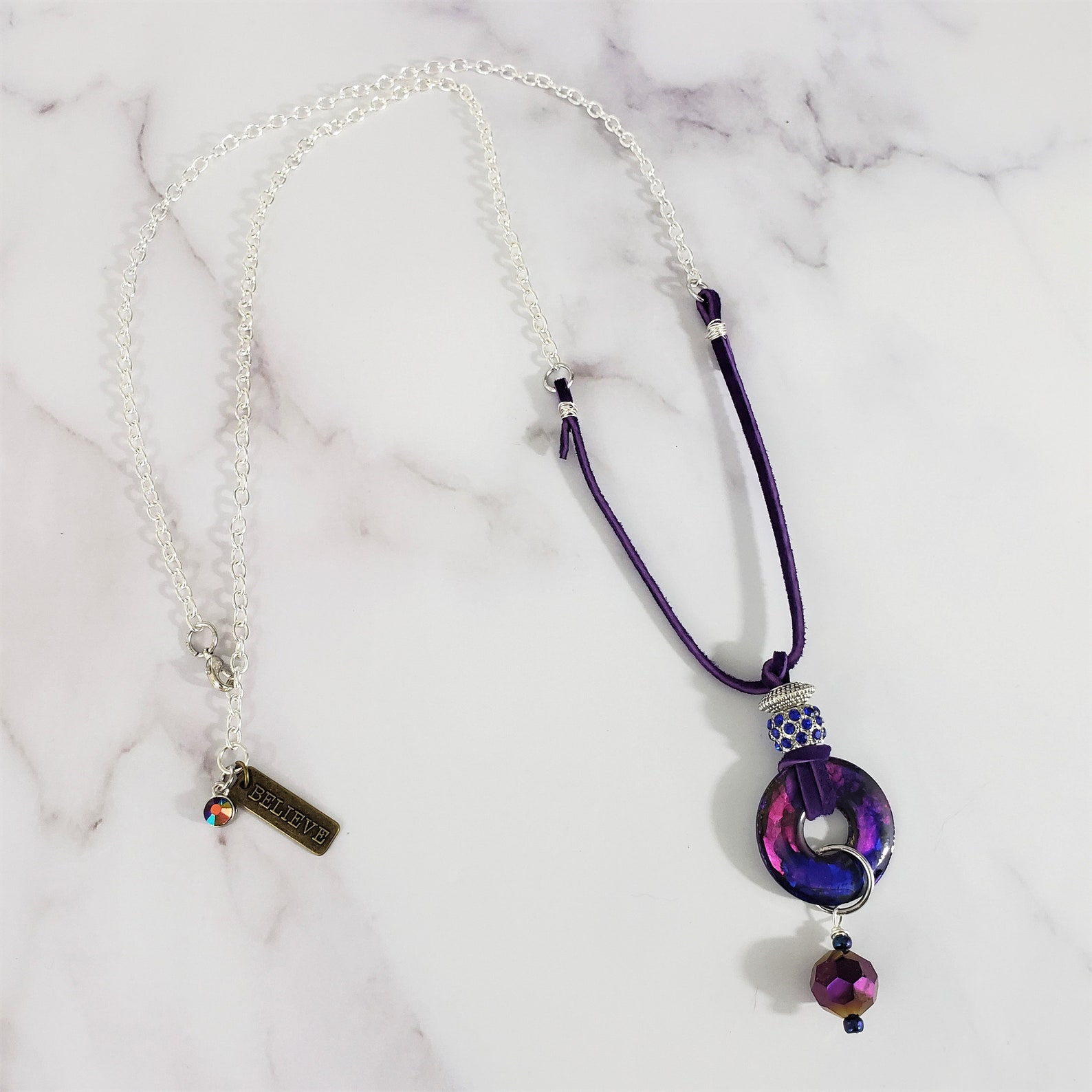 Necklace Pendant Alcohol Ink on Metal Leather/chain and Dangle Beads ...