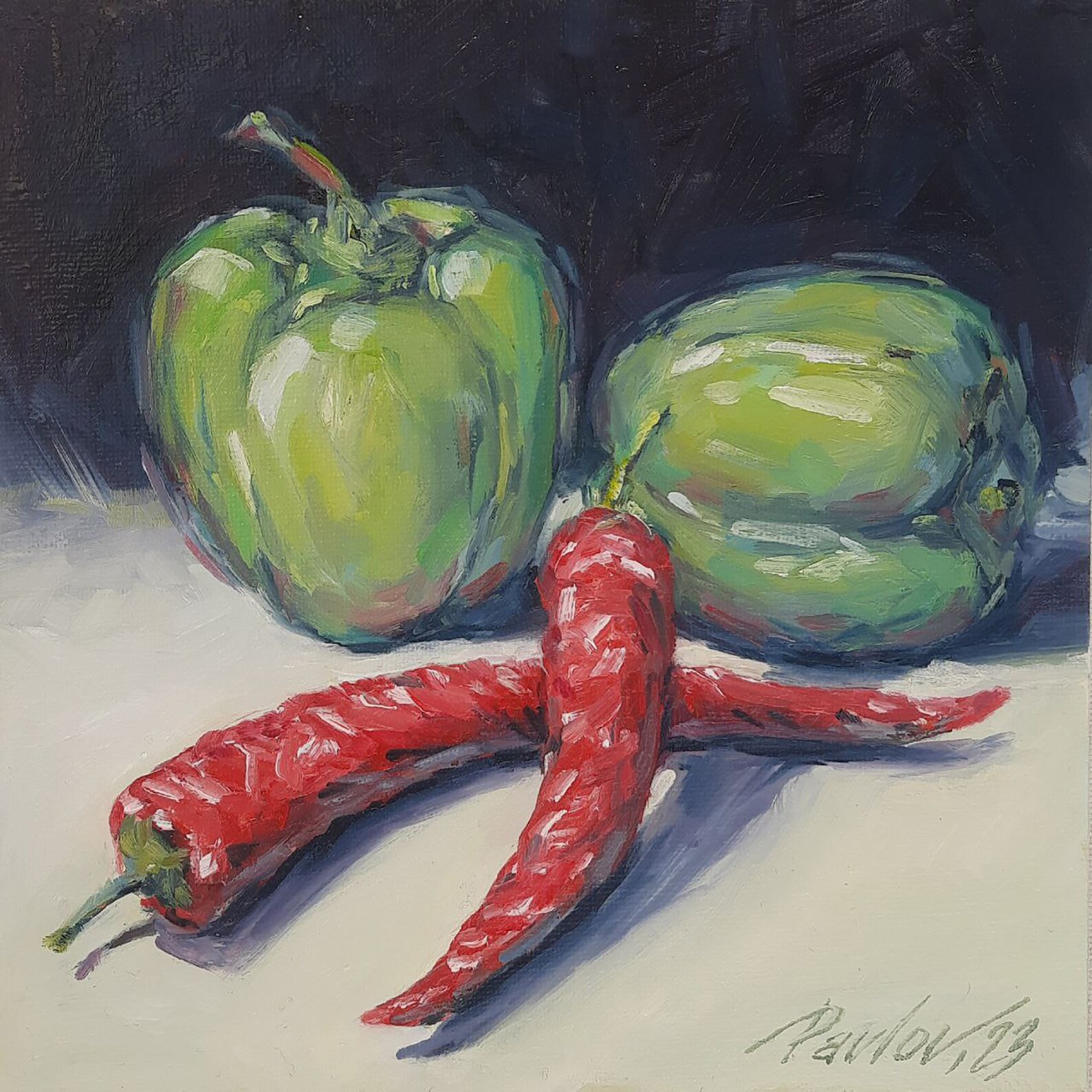Red Chili Peppers, Still Life, Original Oil Painting, Kitchen Vegetable ...
