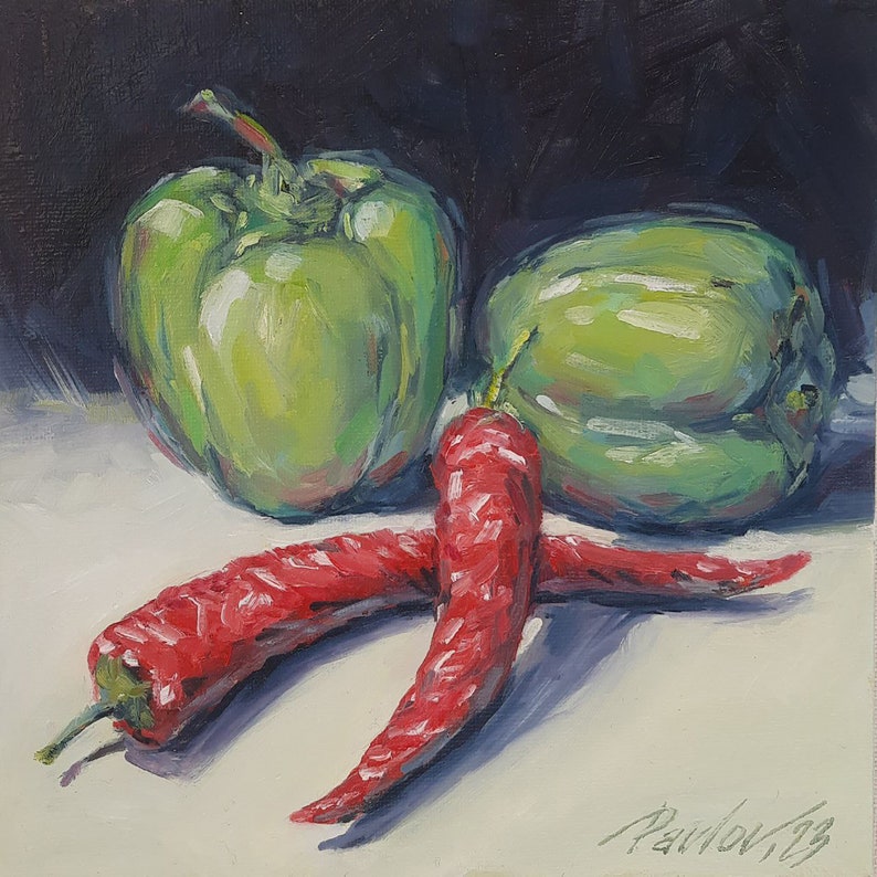 Original Oil Painting, Red Chili Peppers, Still Life, Kitchen Vegetable ...