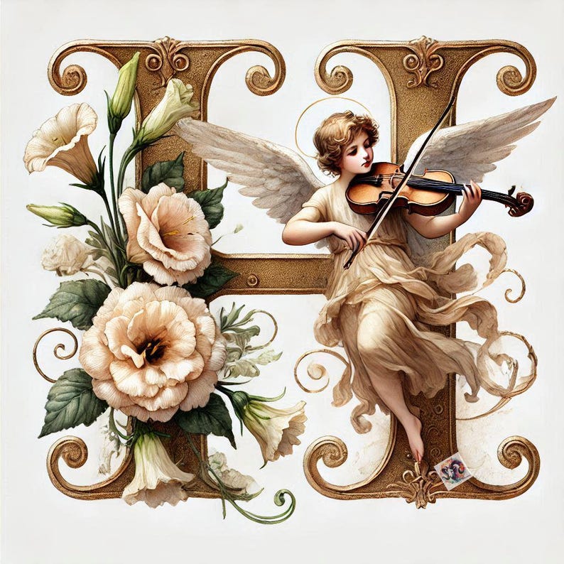Floral Angel Initial A Art Print: Gold Letter, Violin (digital Download ...