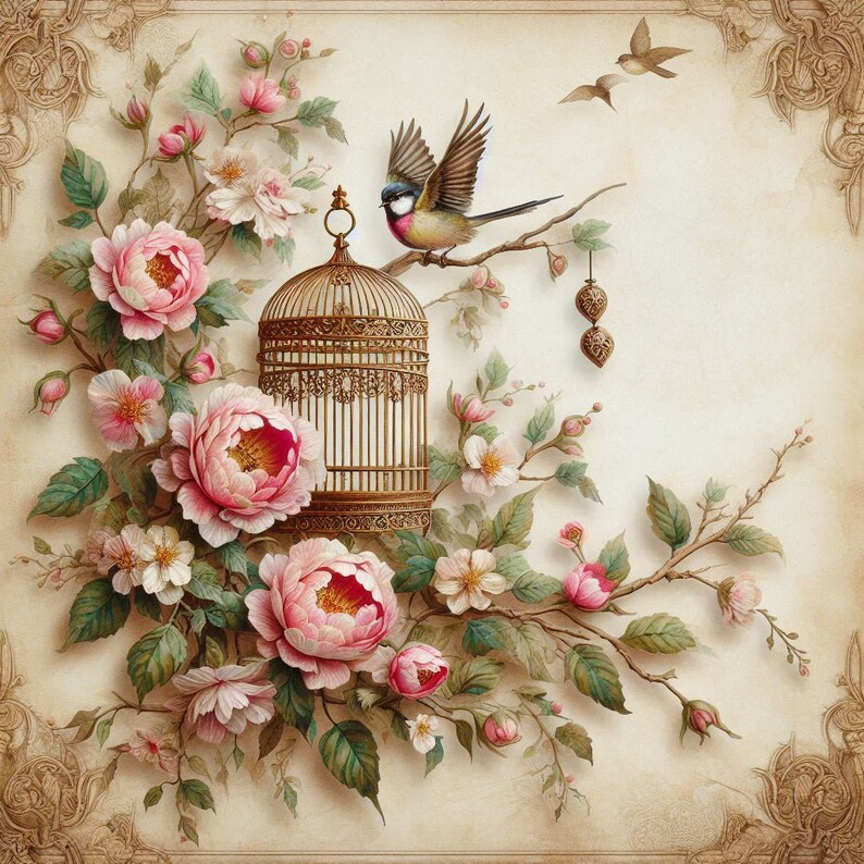 10 Digital Printable Papers, Floral Bird Cage, Digital Print, Wall Art ...