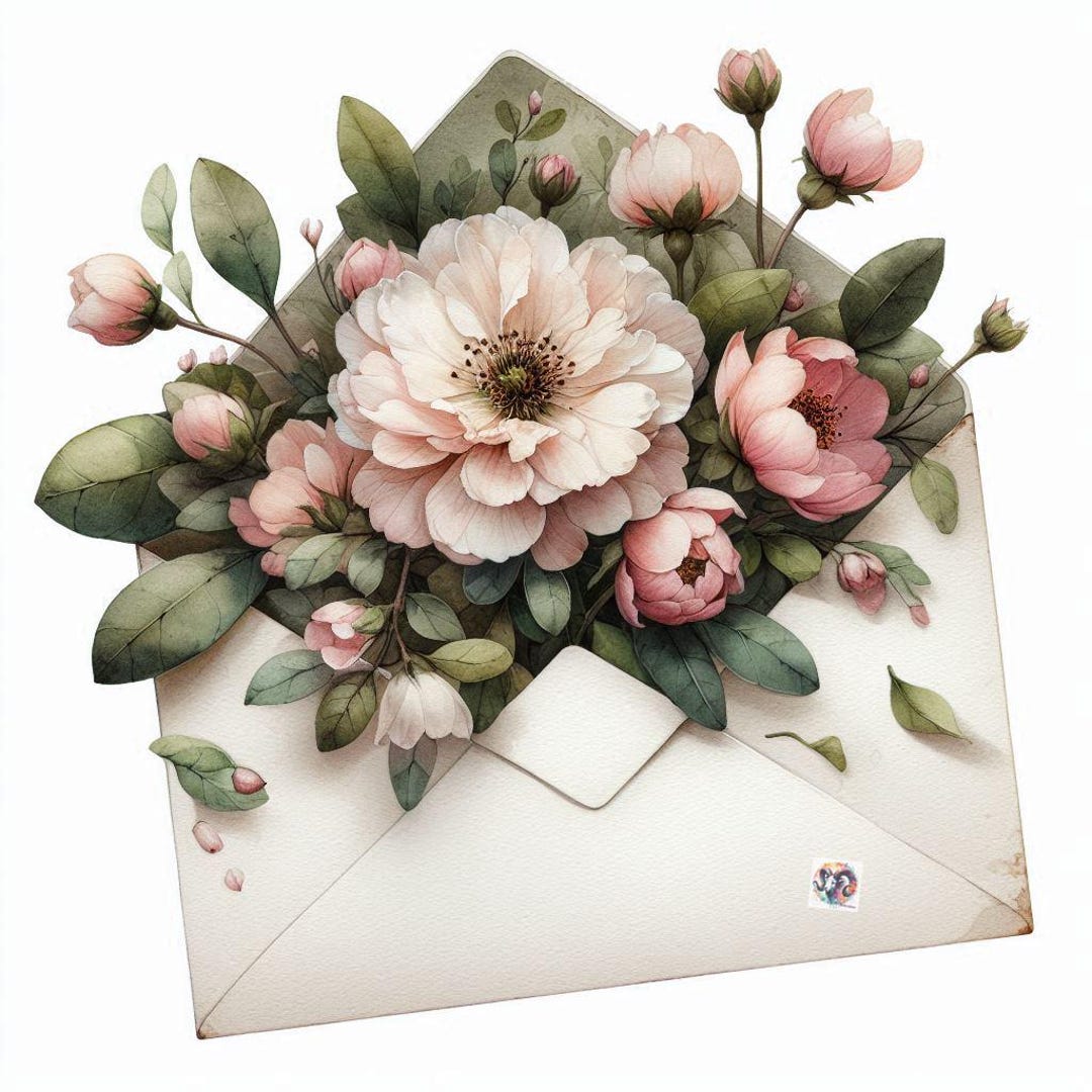 10 Vintage Flower Envelopes in Pastel Colors, Watercolor Clip Art, High ...