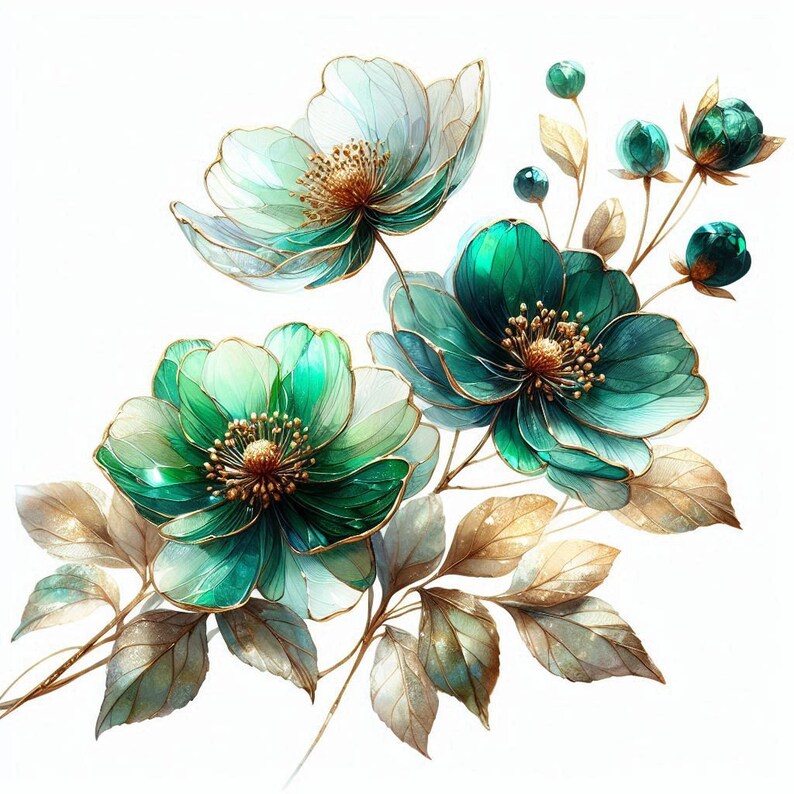 Flower in Emerald Color, Digital Print, Wall Art, Watercolor Clip Art ...