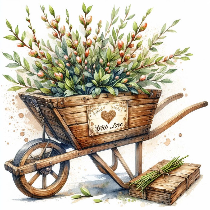 Wheelbarrow With Flowers, Digital Print, Wall Art, Watercolor Clip Art ...