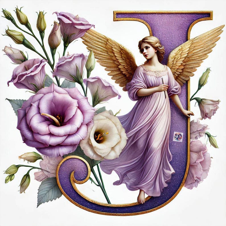 Lilac Floral Letter A Print: Angel Alphabet Clip Art (digital Download ...
