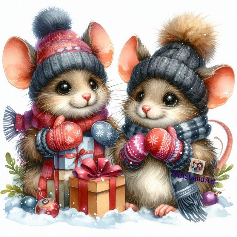 16 Watercolor Cliparts of a Mouse With a New Year's Gift, Digital Print ...