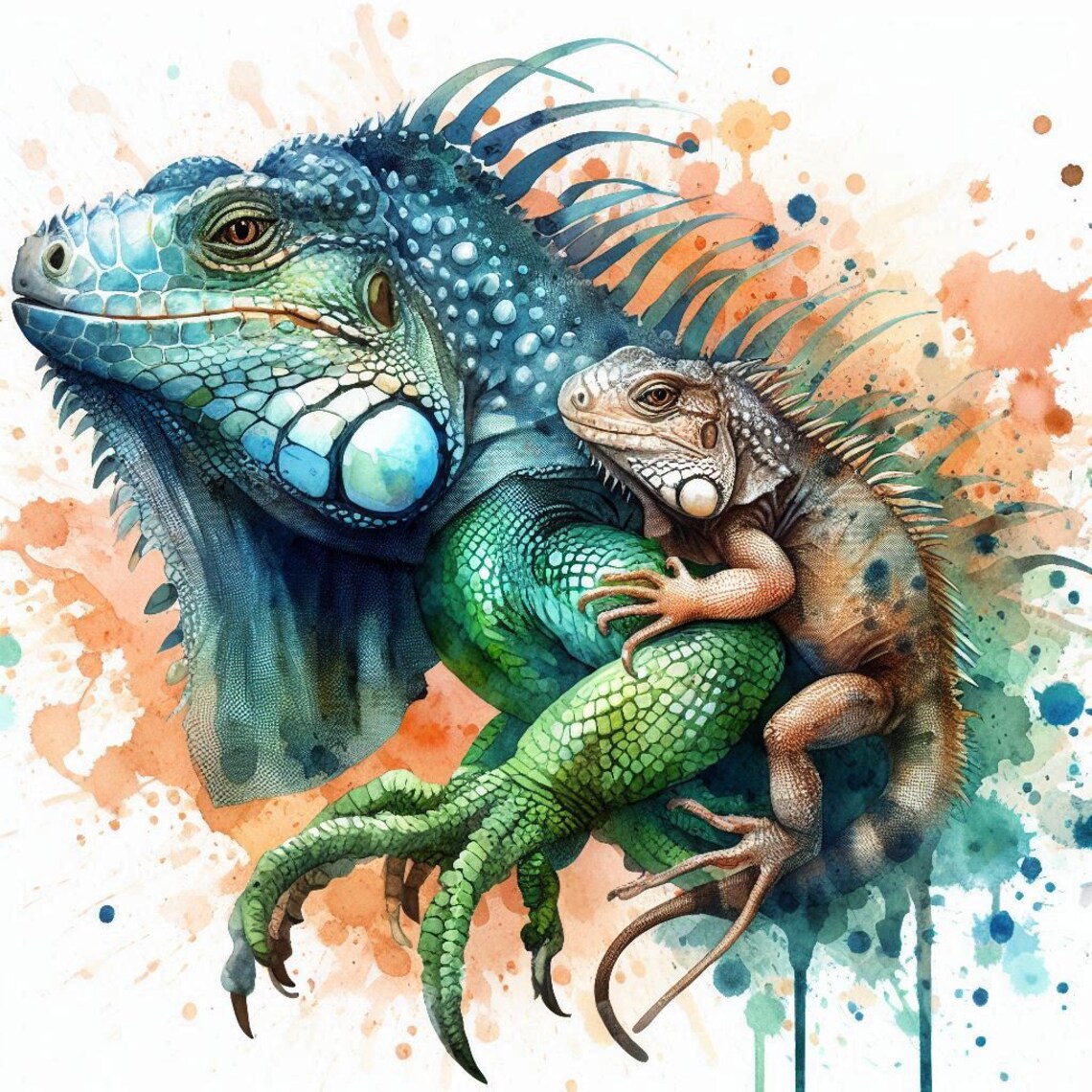 10 Watercolor Cliparts With and Iguana, Digital Print, Wall Art ...