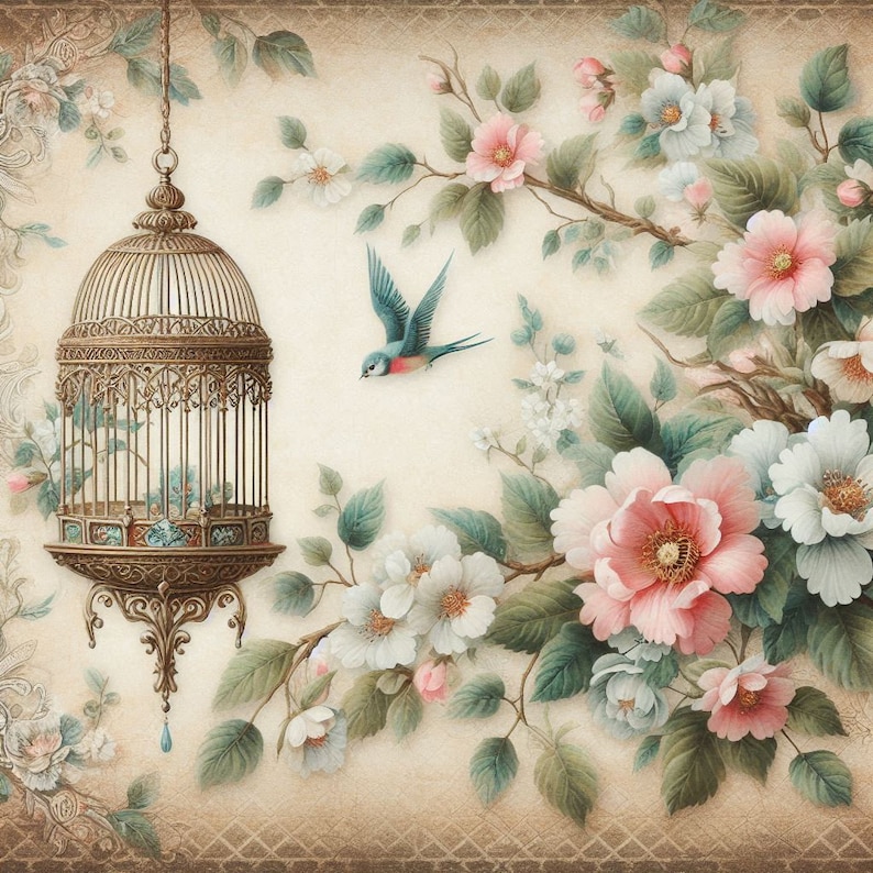 10 Digital Printable Papers, Floral Bird Cage, Digital Print, Wall Art ...