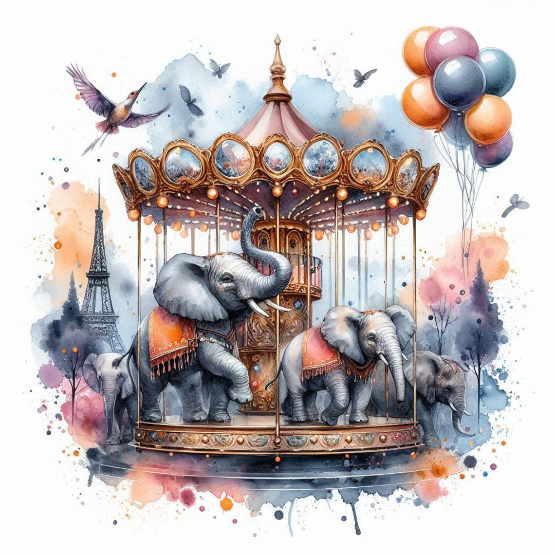Elephants, Carousel Elephants, Watercolor Clip Art, Handmade, Wall Art ...
