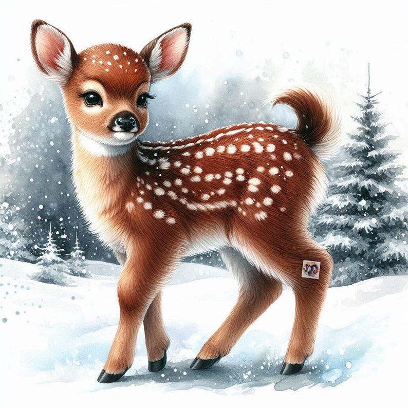 10 Watercolor Cliparts of a Fawn in Winter Style,digital Print, High ...