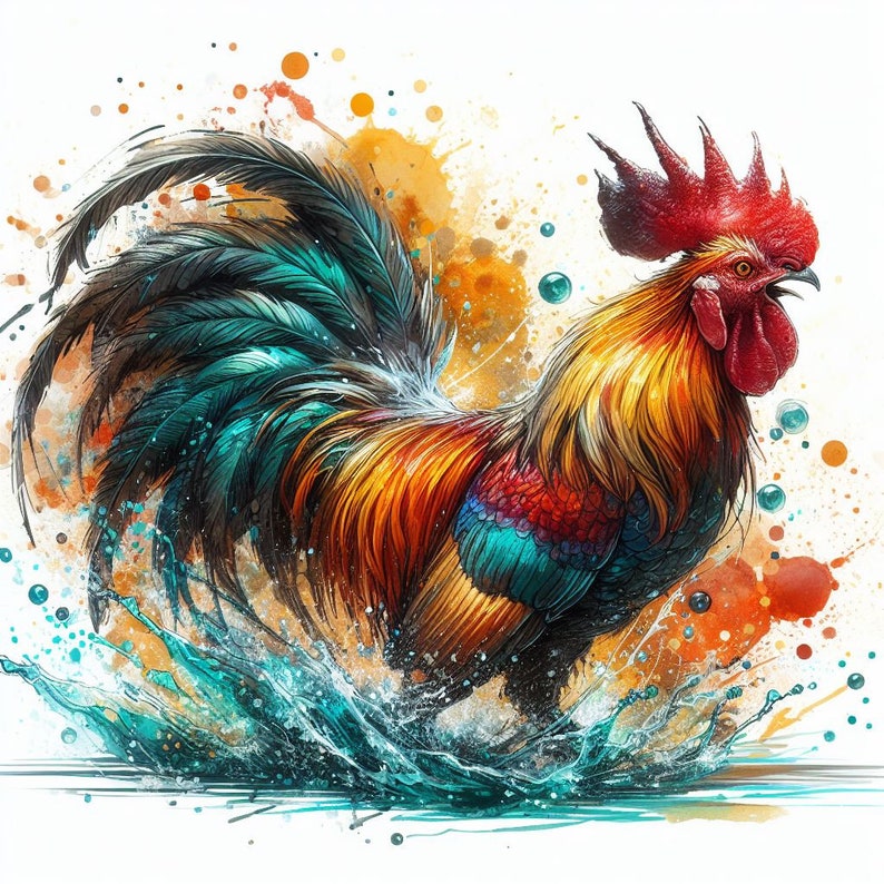 Colorful Rooster, Digital Print, Wall Art, Watercolor Clip Art, High ...