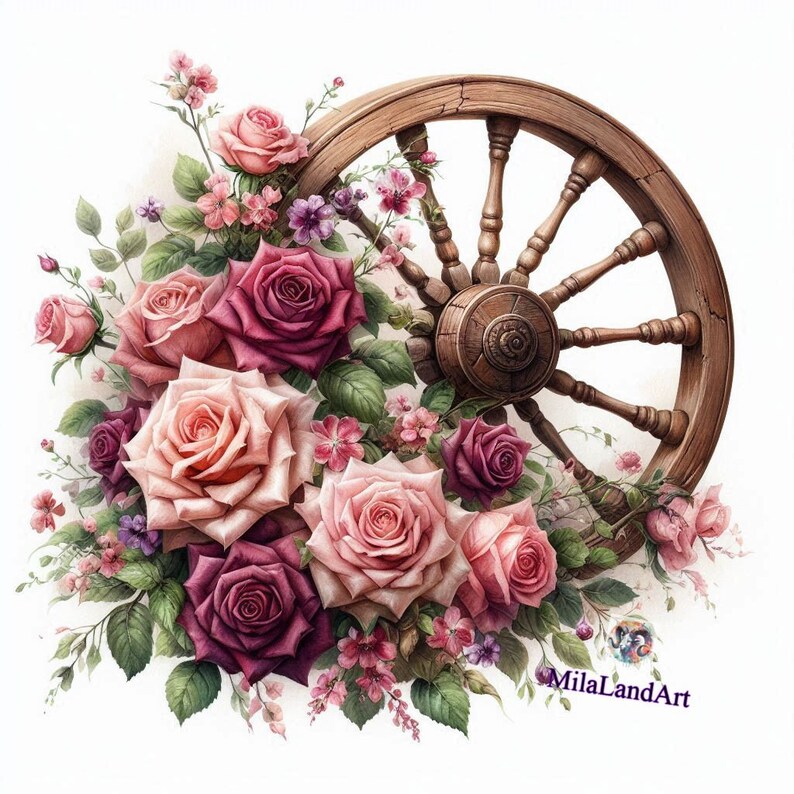 Vintage Wheel With Roses Watercolor Clipart (digital Print) - Etsy