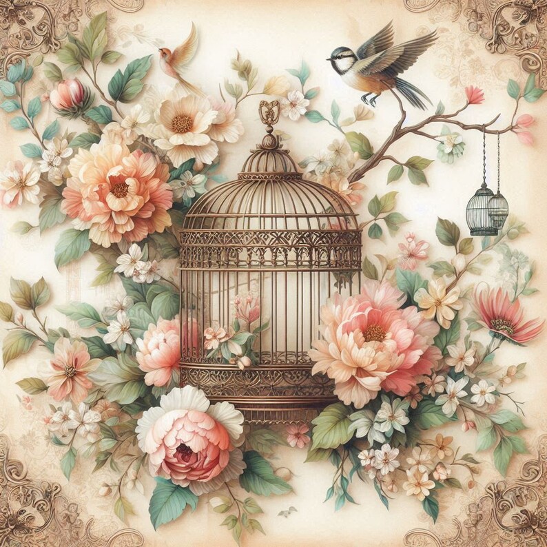 10 Digital Printable Papers, Floral Bird Cage, Digital Print, Wall Art ...