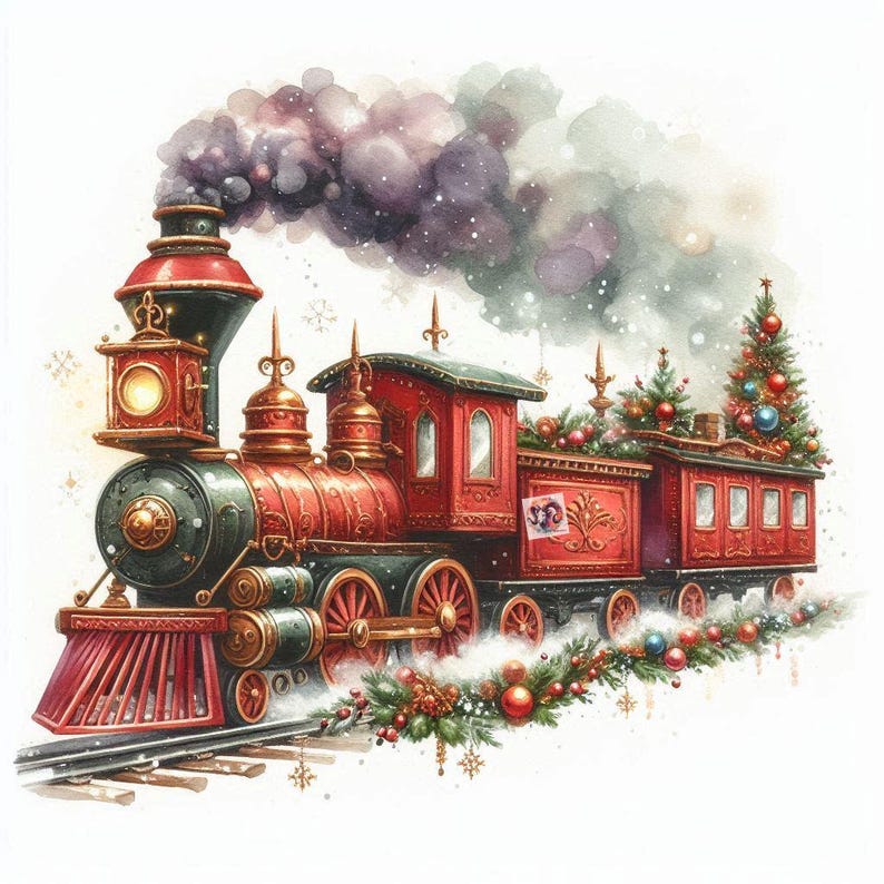 Watercolor Christmas Train Clip Art: Holiday Digital Print (JPG) - Etsy