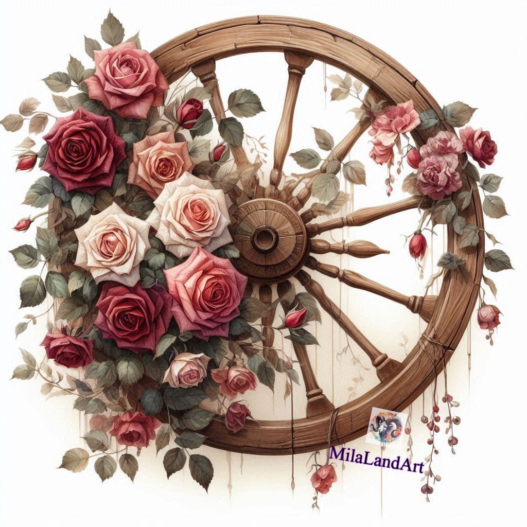 Vintage Wheel With Roses Watercolor Clipart (digital Print) - Etsy