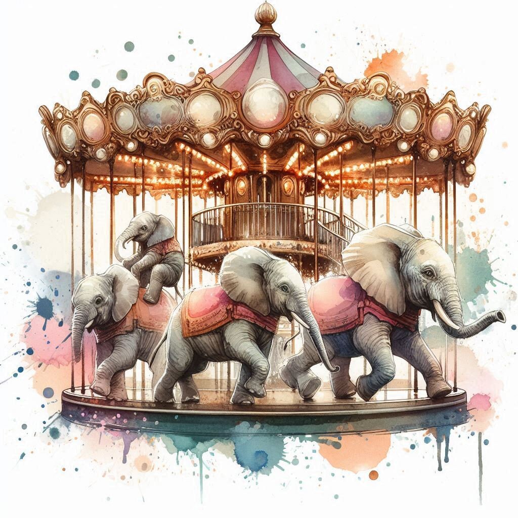 Elephants, Carousel Elephants, Watercolor Clip Art, Handmade, Wall Art ...
