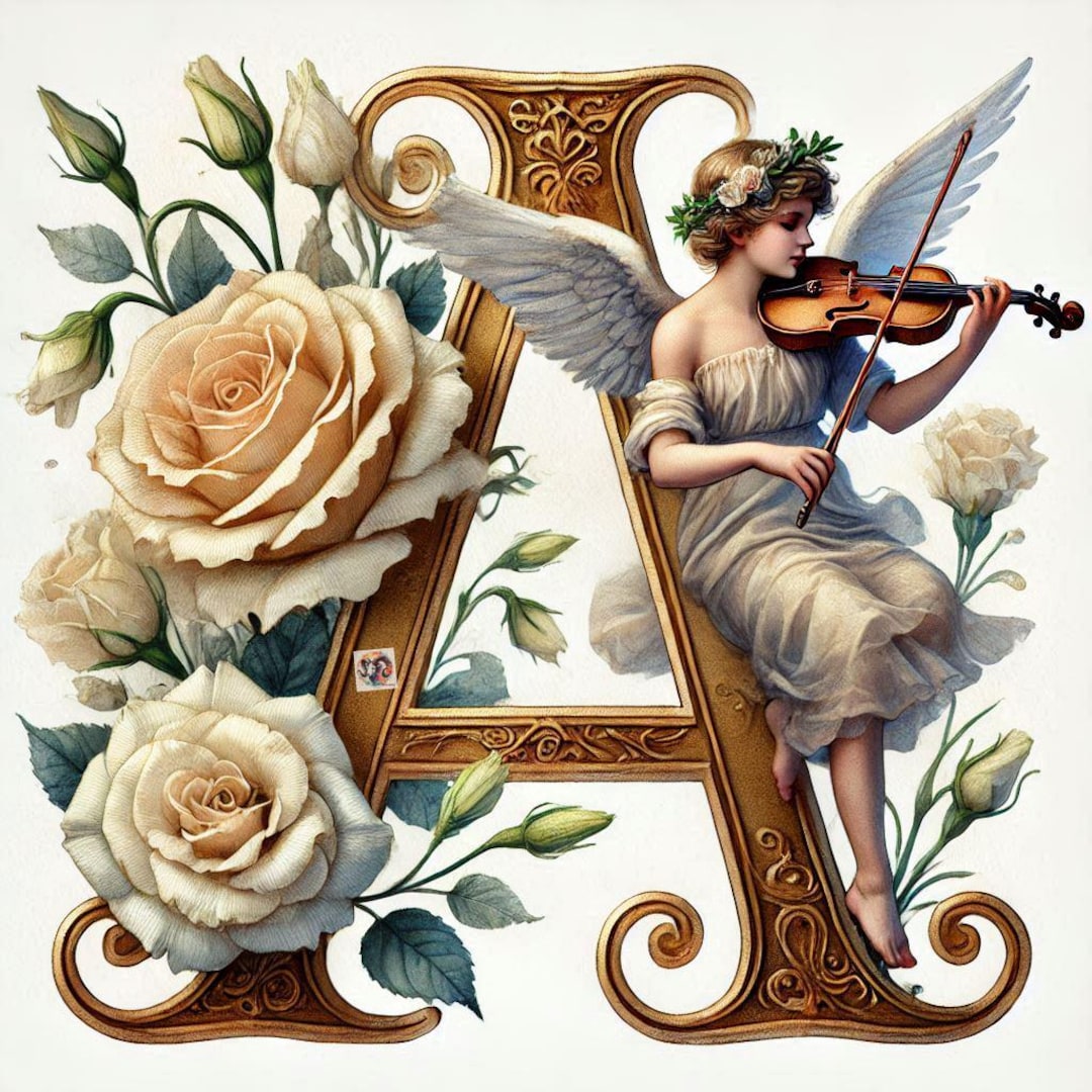 Floral Angel Initial A Art Print: Gold Letter, Violin (digital Download ...