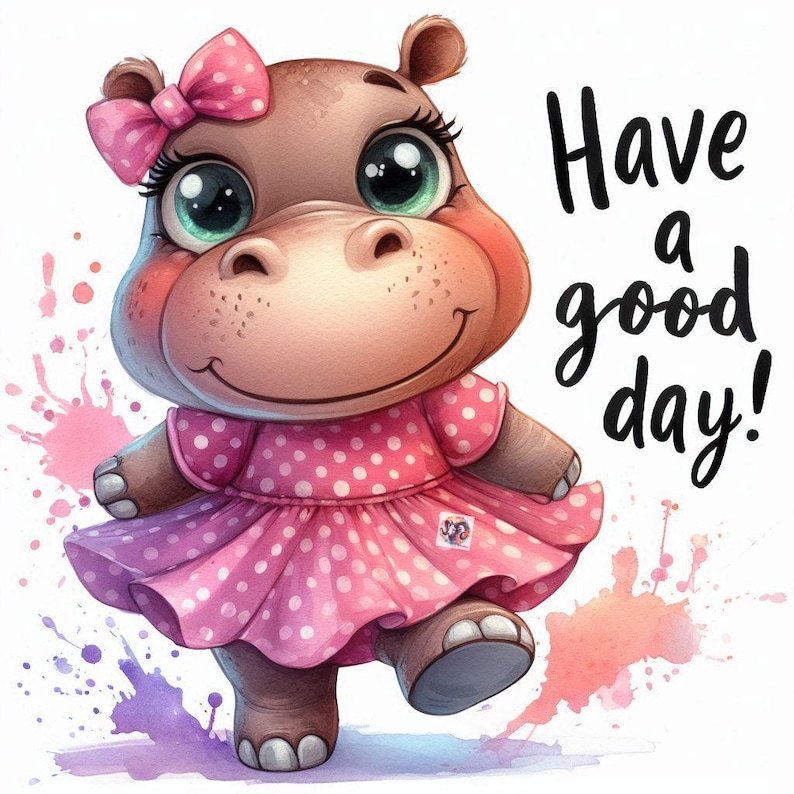 Cute Hippo, Good Day Card, Children's Art, Digital Print,watercolor ...