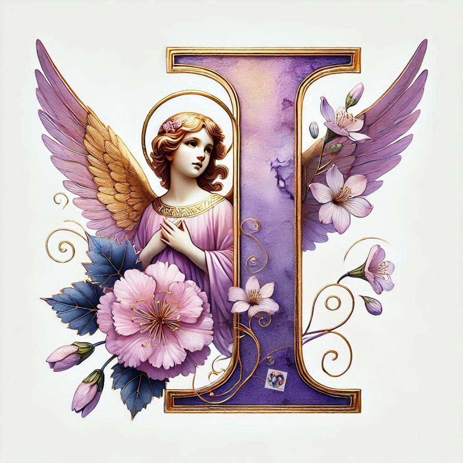 Lilac Floral Letter A Print: Angel Alphabet Clip Art (digital Download ...