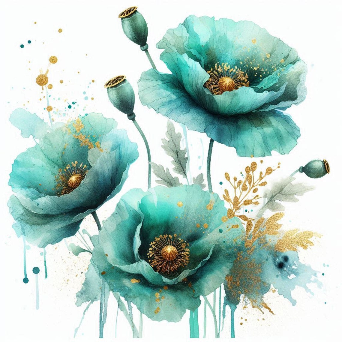 Poppies in Turquoise Color, Digital Print, Wall Art, Watercolor Clipart ...