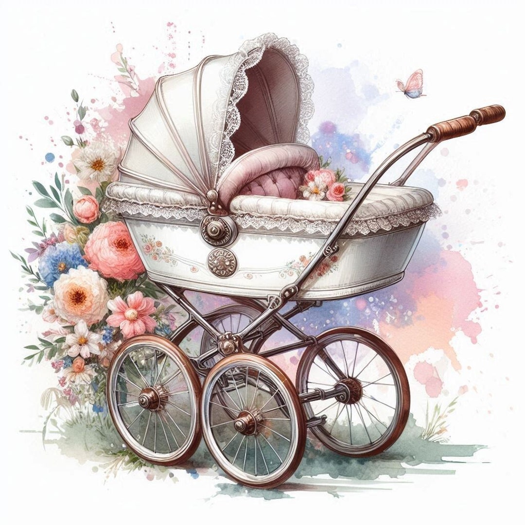 Baby Stroller, Digital Print, Wall Art, Watercolor Clip Art, High ...