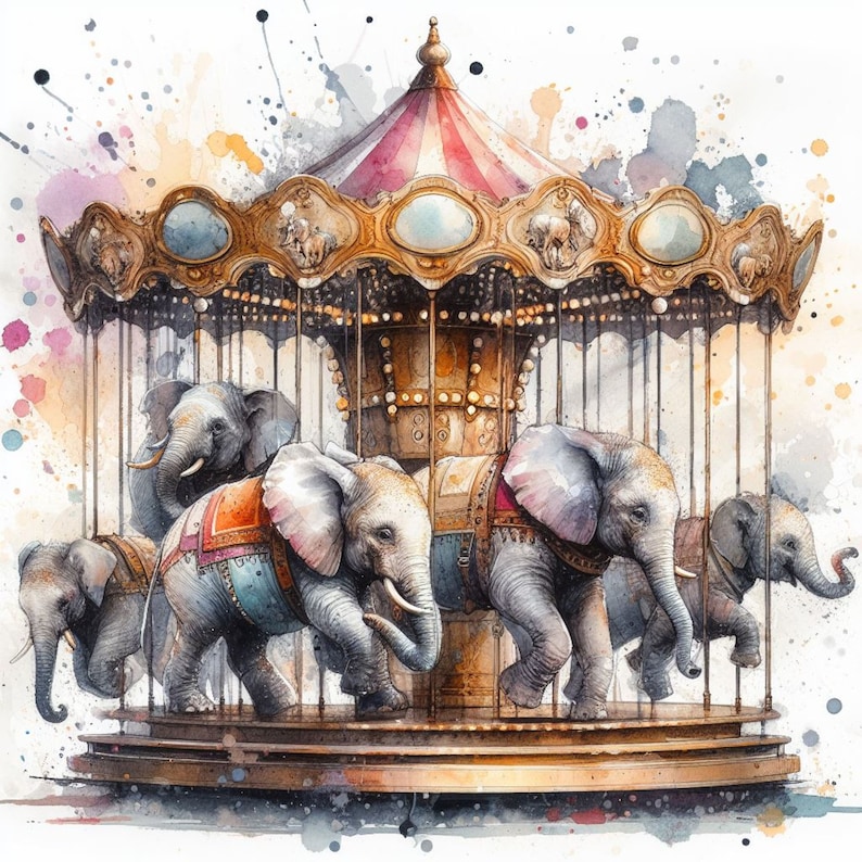 Elephants, Carousel Elephants, Watercolor Clip Art, Handmade, Wall Art ...