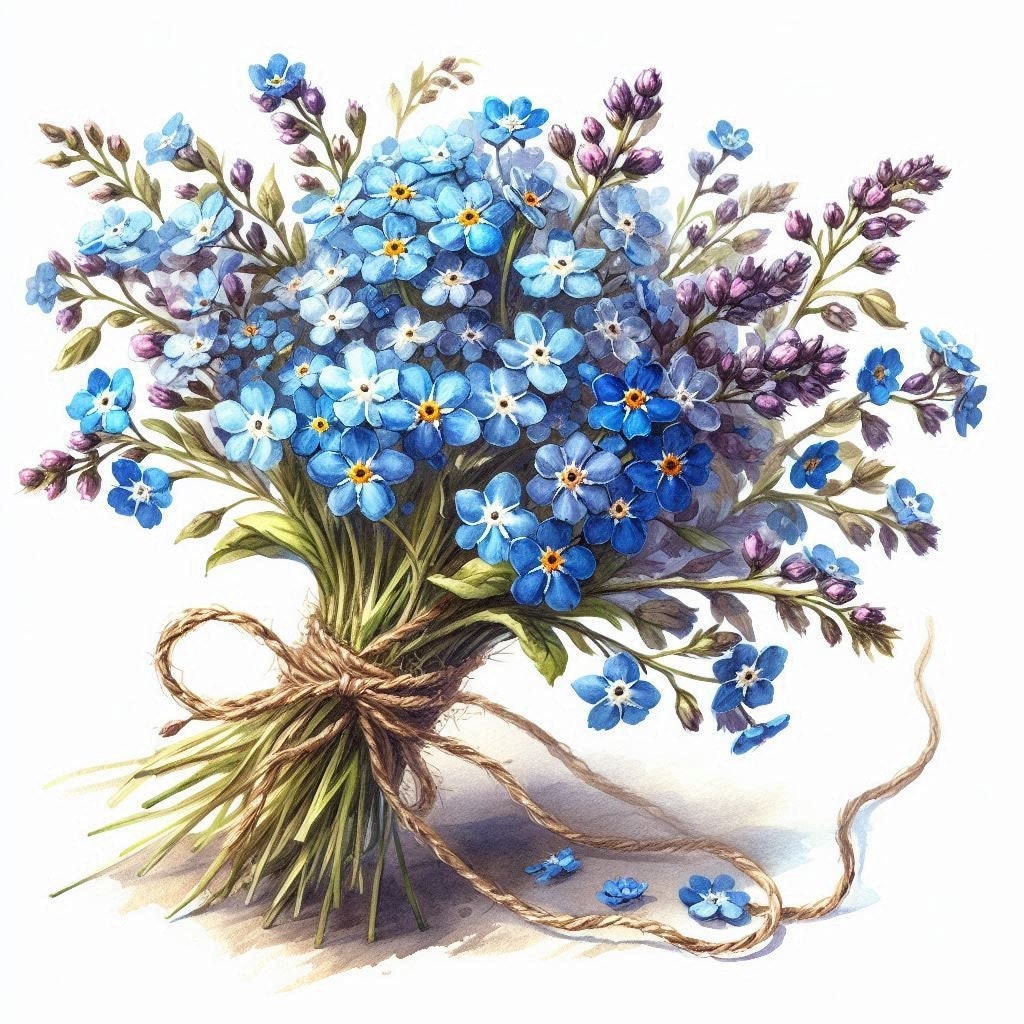 A Bouquet of Forget-me-nots, Digital Print, Wall Art, Watercolor ...