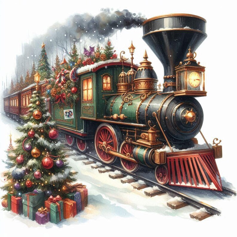 Watercolor Christmas Train Clip Art: Holiday Digital Print (JPG) - Etsy