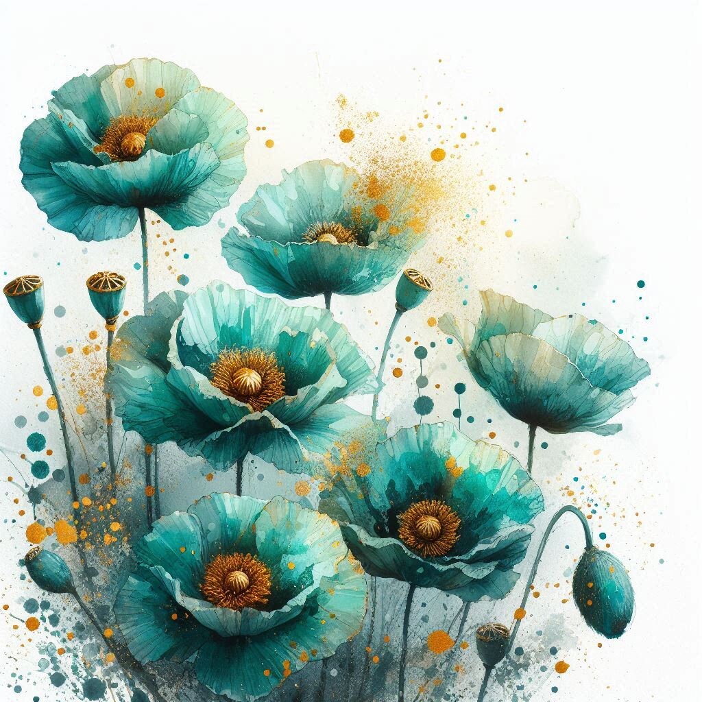 Poppies in Turquoise Color, Digital Print, Wall Art, Watercolor Clipart ...