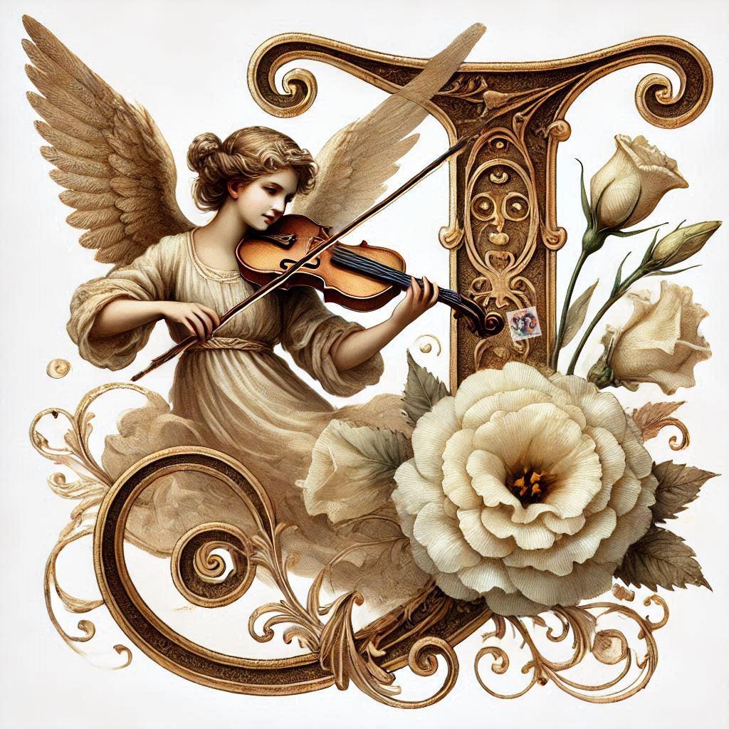 Floral Angel Initial A Art Print: Gold Letter, Violin (digital Download ...