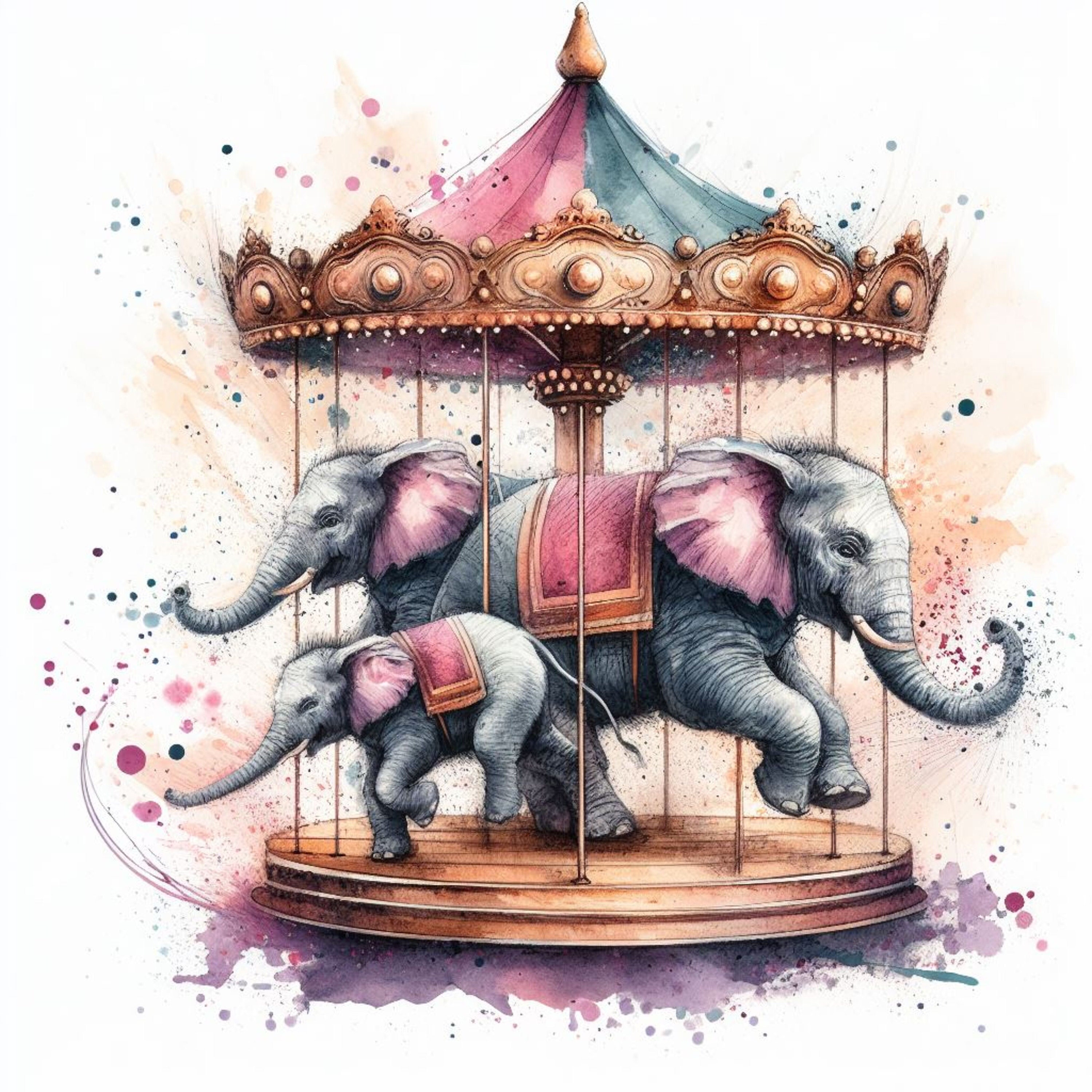 Elephants, Carousel Elephants, Watercolor Clip Art, Handmade, Wall Art ...