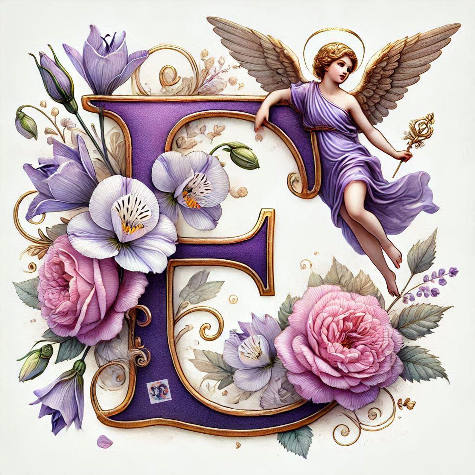 Lilac Floral Letter A Print: Angel Alphabet Clip Art (digital Download ...