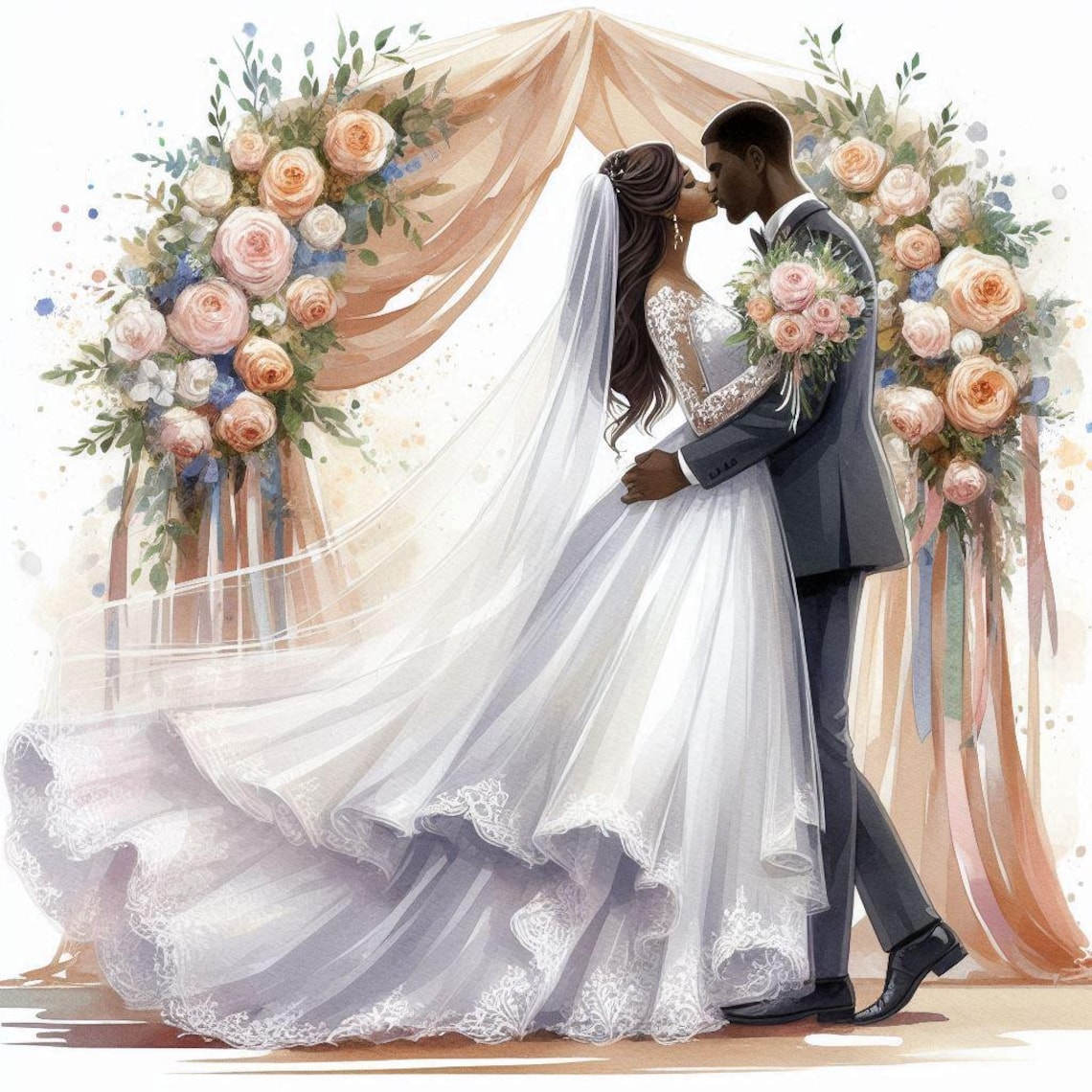 Watercolor African American Wedding Couple Clipart (digital Print) - Etsy