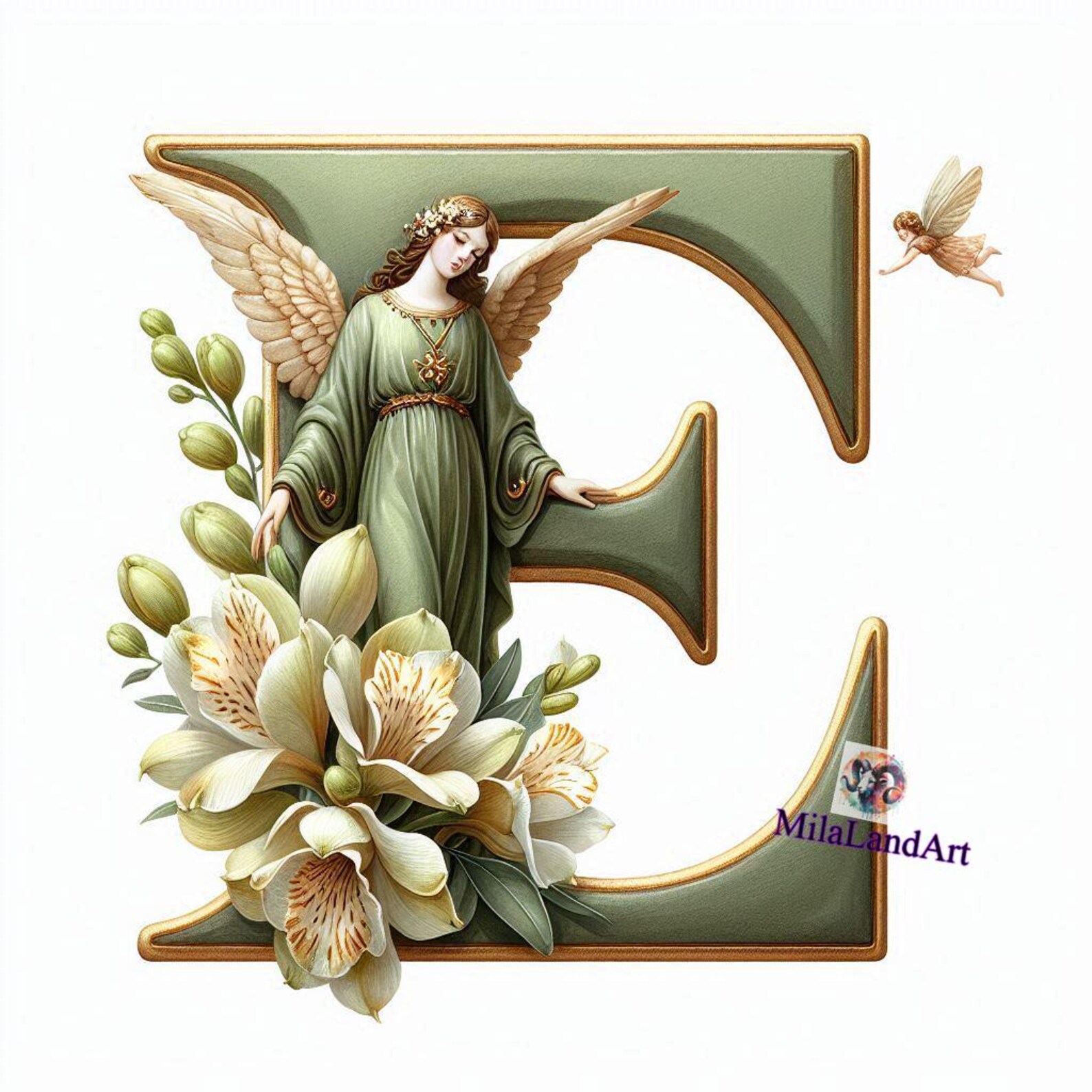 Watercolor Olive Alphabet Letter With Angel: Floral Initial Print ...