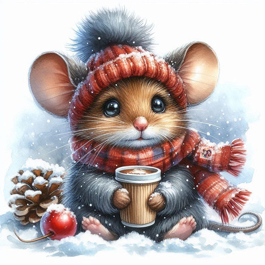 Cute Funny Mouse on a Winter Background, Digital Print,watercolor Clip ...