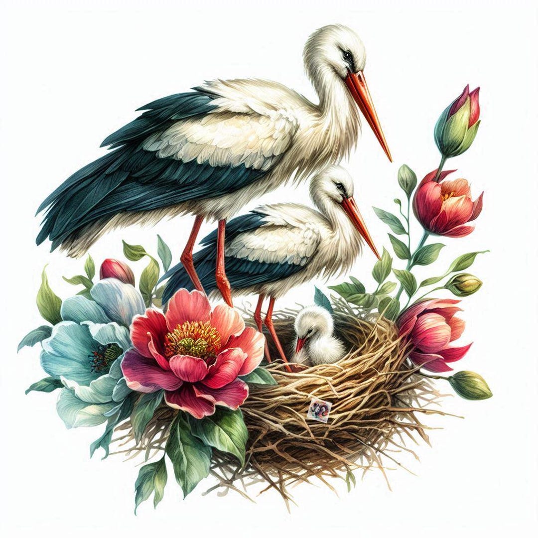 Watercolor Storks in Nest Clip Art (digital Print) - Etsy