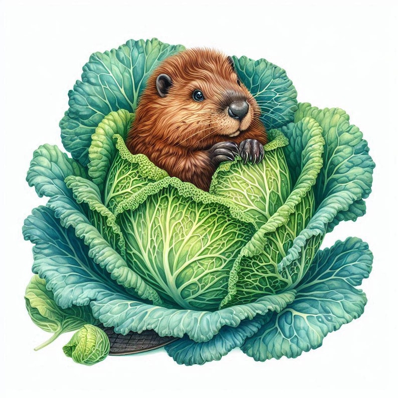 Animals in Cabbage, Digital Print, Wall Art, Watercolor Clip Art, High ...
