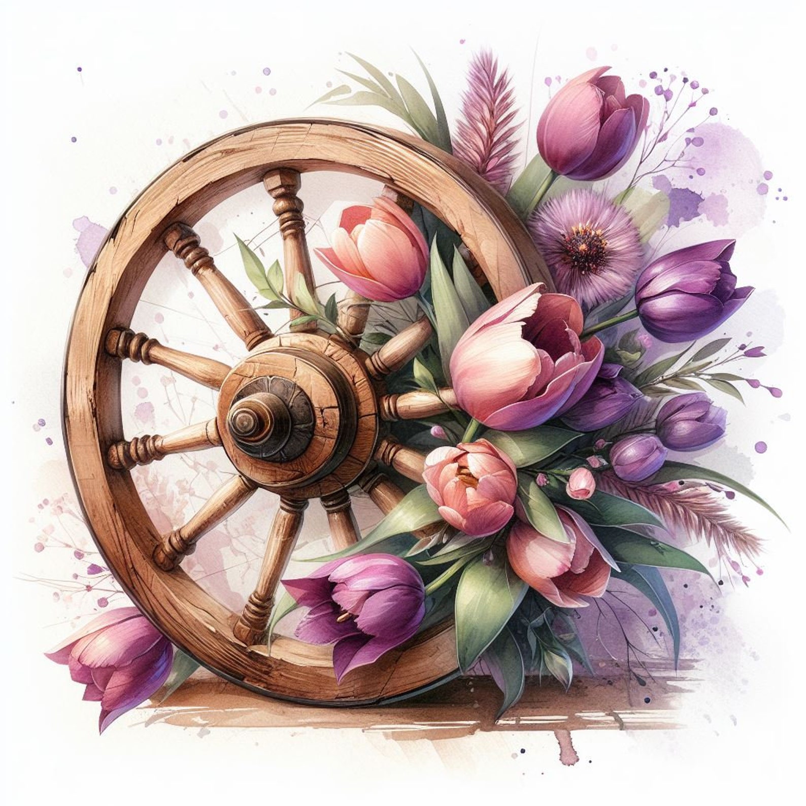 Wooden Wheel With Flowers, Digital Print, Wall Art, Watercolor Clip Art ...