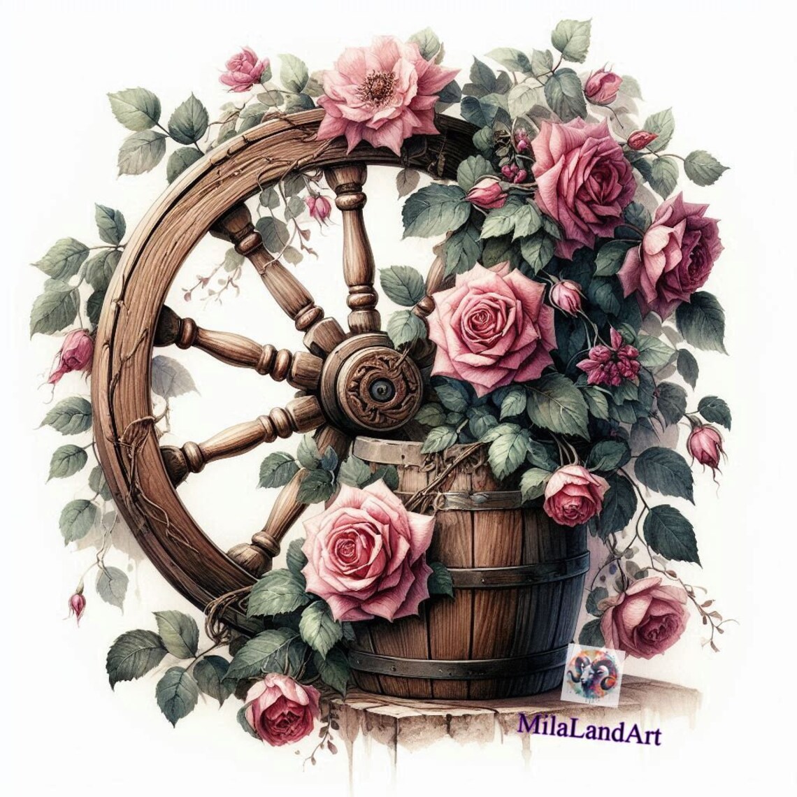 Vintage Wheel With Roses Watercolor Clipart (digital Print) - Etsy