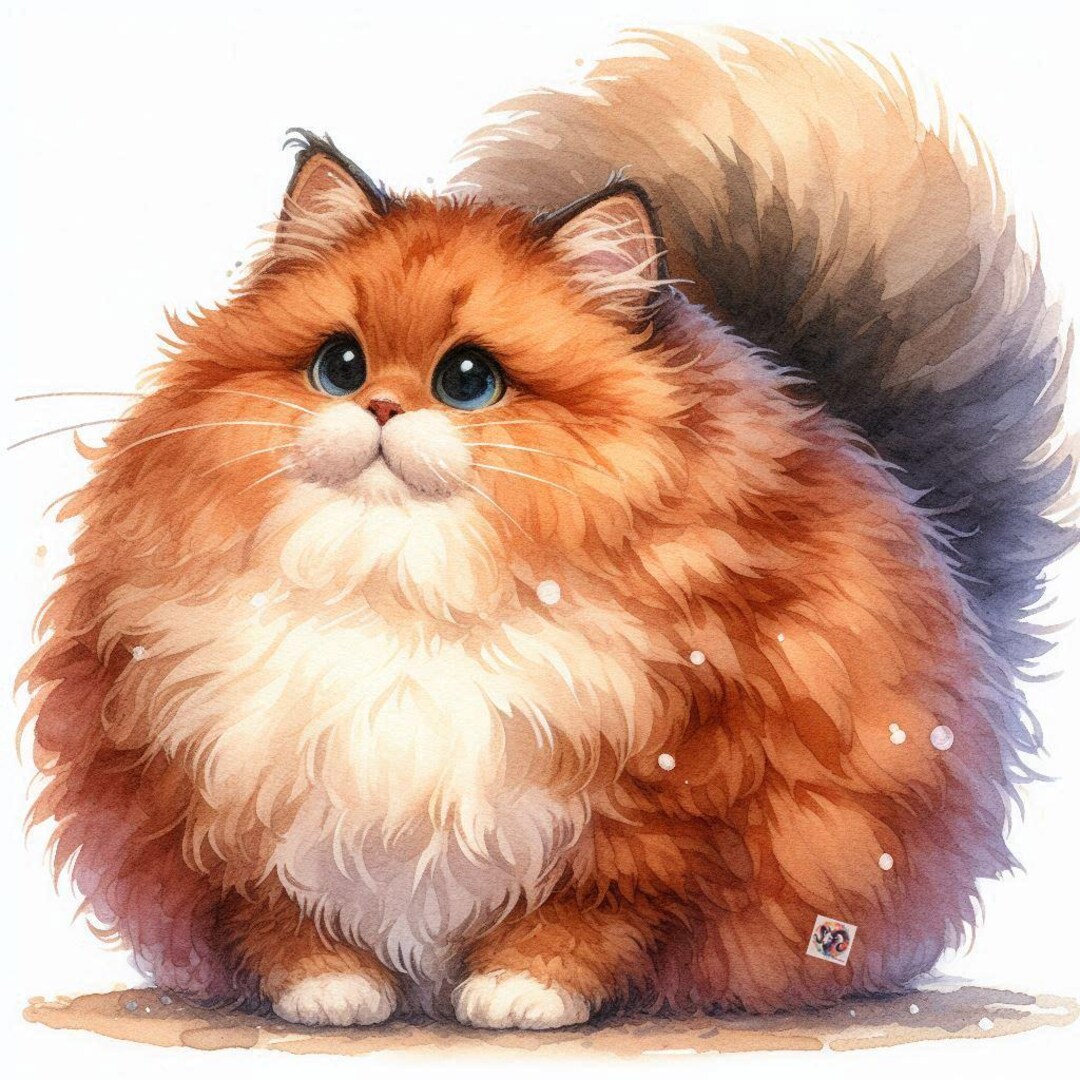 10 Watercolor Cliparts With Funny Fat Cat, Digital Print,watercolor ...