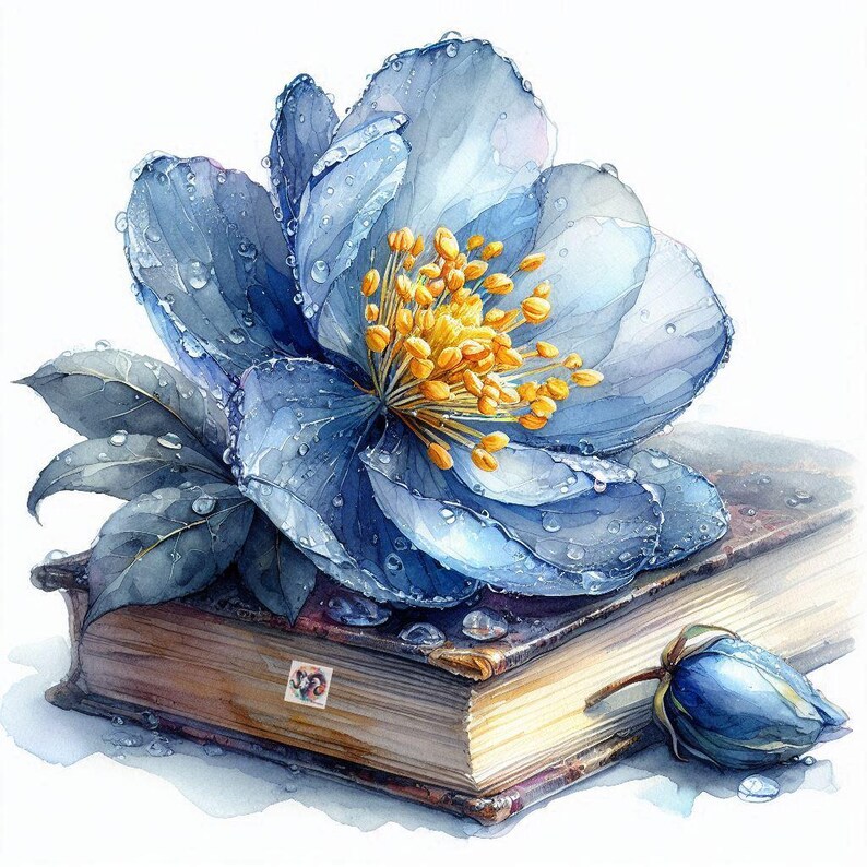 11 Watercolor Vintage Books With Blue Flowers, Digital Print, High ...