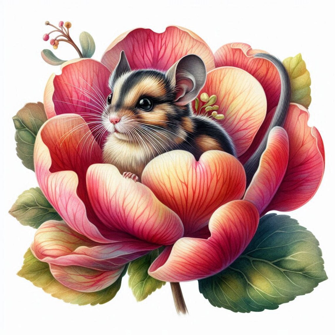 Watercolor Colorful Rodents in Flower, Digital Print, Wall Art, High ...