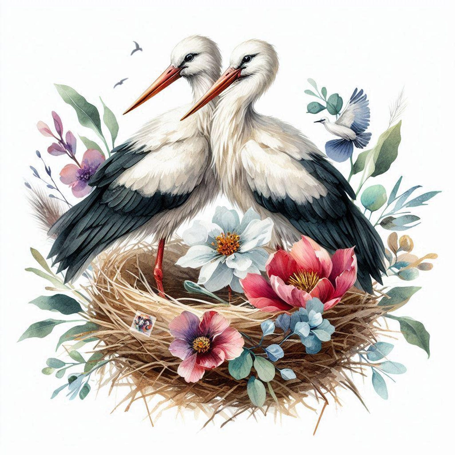 Watercolor Storks in Nest Clip Art (digital Print) - Etsy