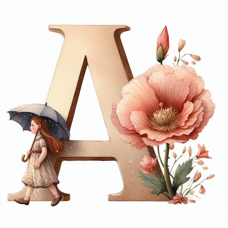 Watercolor English Alphabet in Pastel Colors With a Girl With an ...